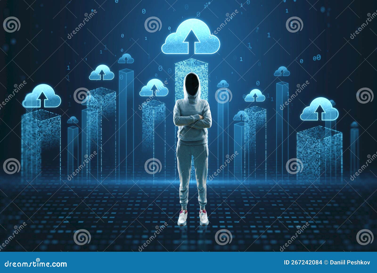 Hacker with Folded Arms and Creative Cloud Homputing Hologram on Blurry ...