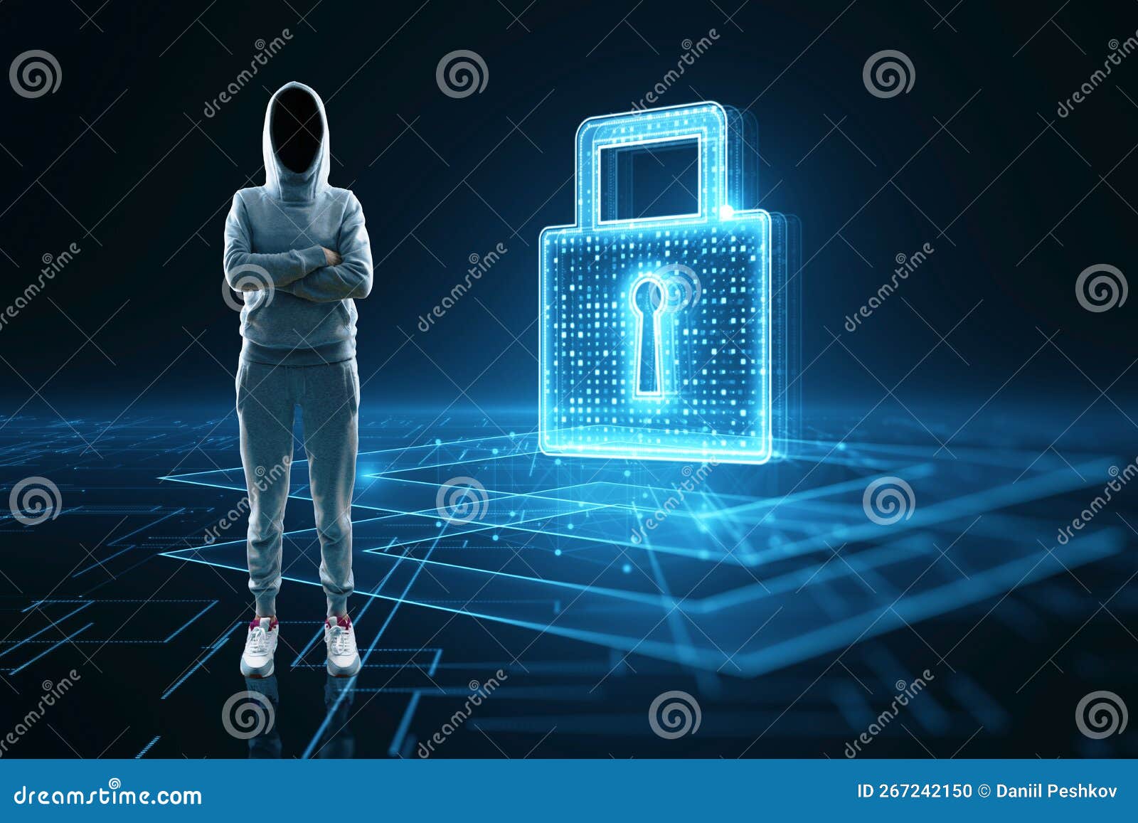 Hacker with Folded Arms and Glowing Padlock Hologram on Dark Background ...
