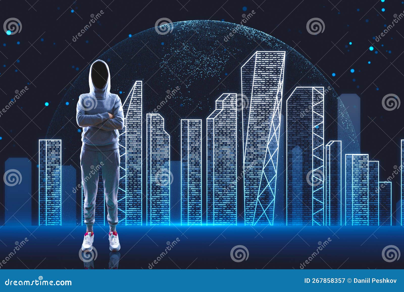 Hacker with Folded Arms Standing on Digital Tech City Background ...