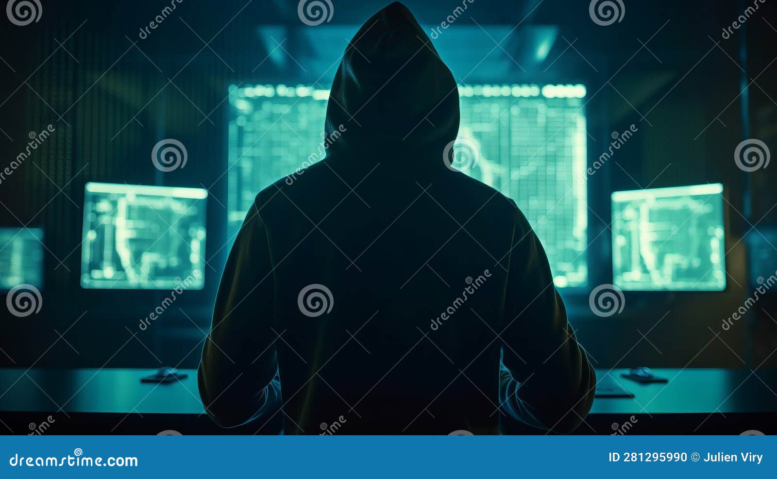 Hacker in Front of a Computer with Many Data on the Screens the Hacker ...