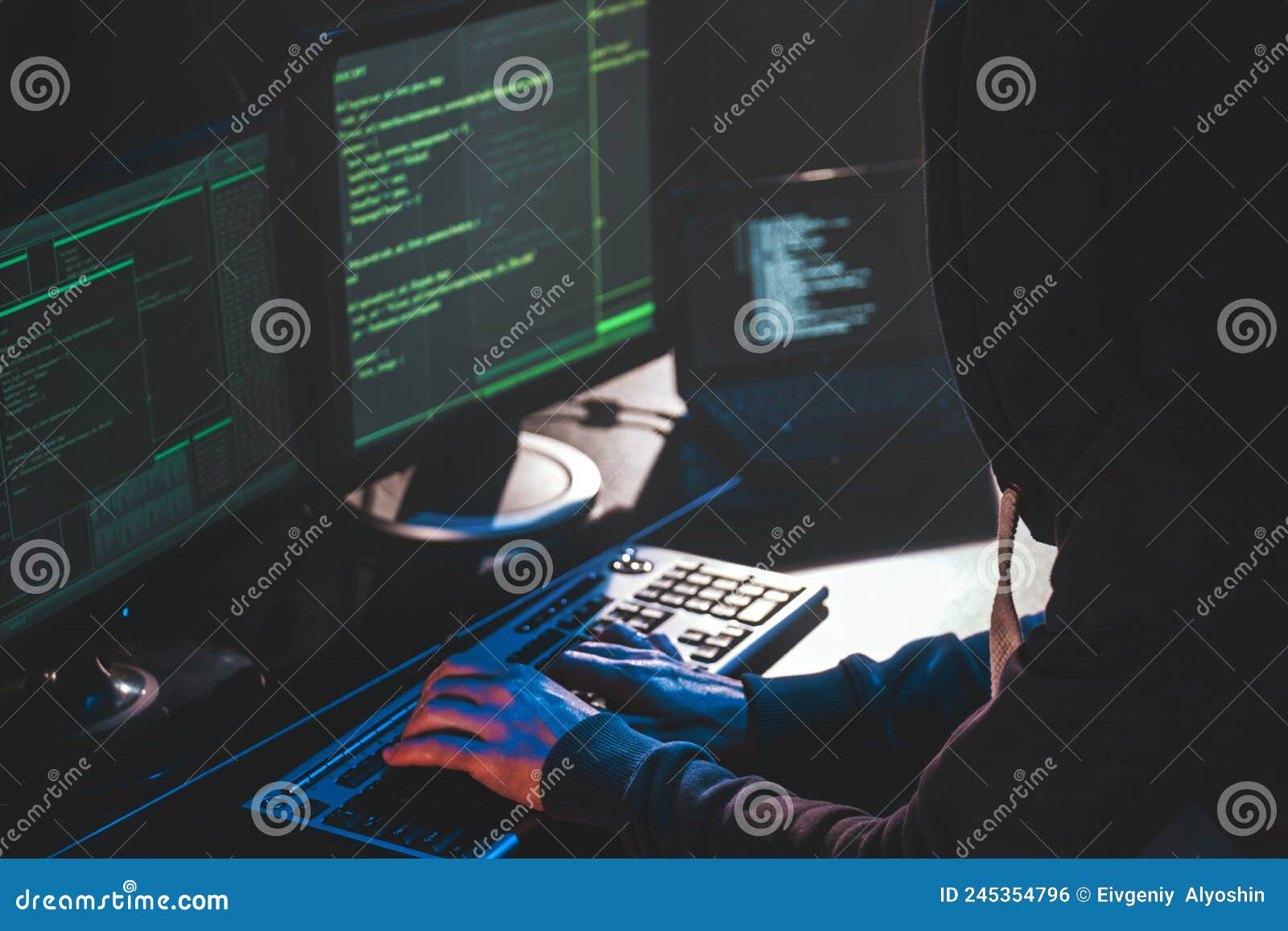 Hacker in Front of Computer. View from Shoulder Stock Photo - Image of ...
