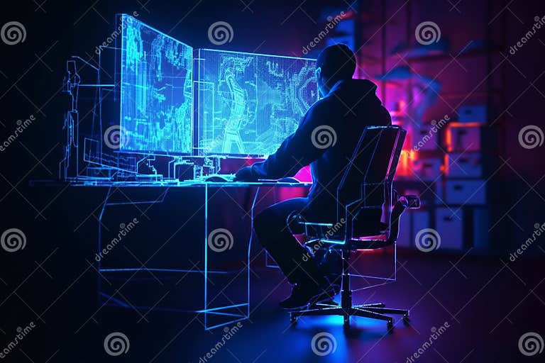 Hacker Front of His Computer Committing Digital Cybercrime. Generative AI Stock Illustration ...