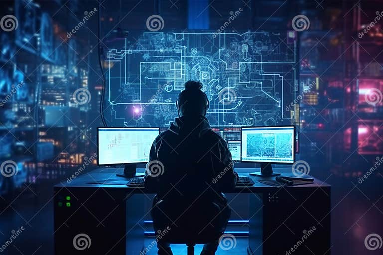 Hacker Front of His Computer Committing Digital Cybercrime. Generative AI Stock Illustration ...