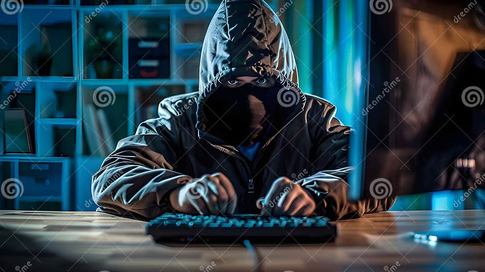 Hacker Front Of His Computer Committing Digital Cybercrime Hacker Using Computer Keyboard