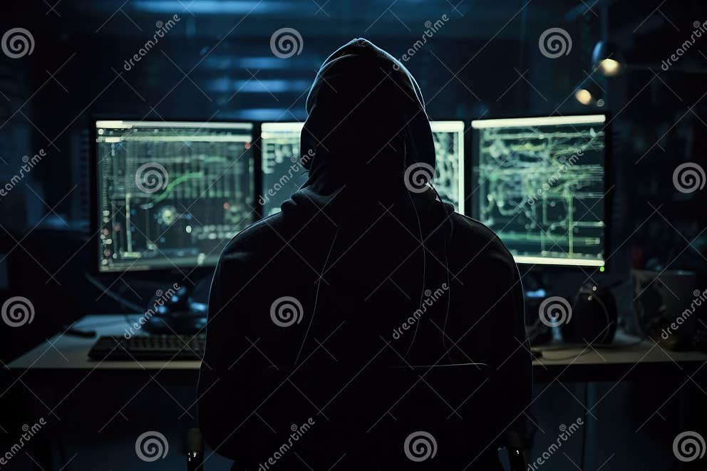 Hacker in Front of Sophisticated Computer Equipment Stock Illustration - Illustration of ...