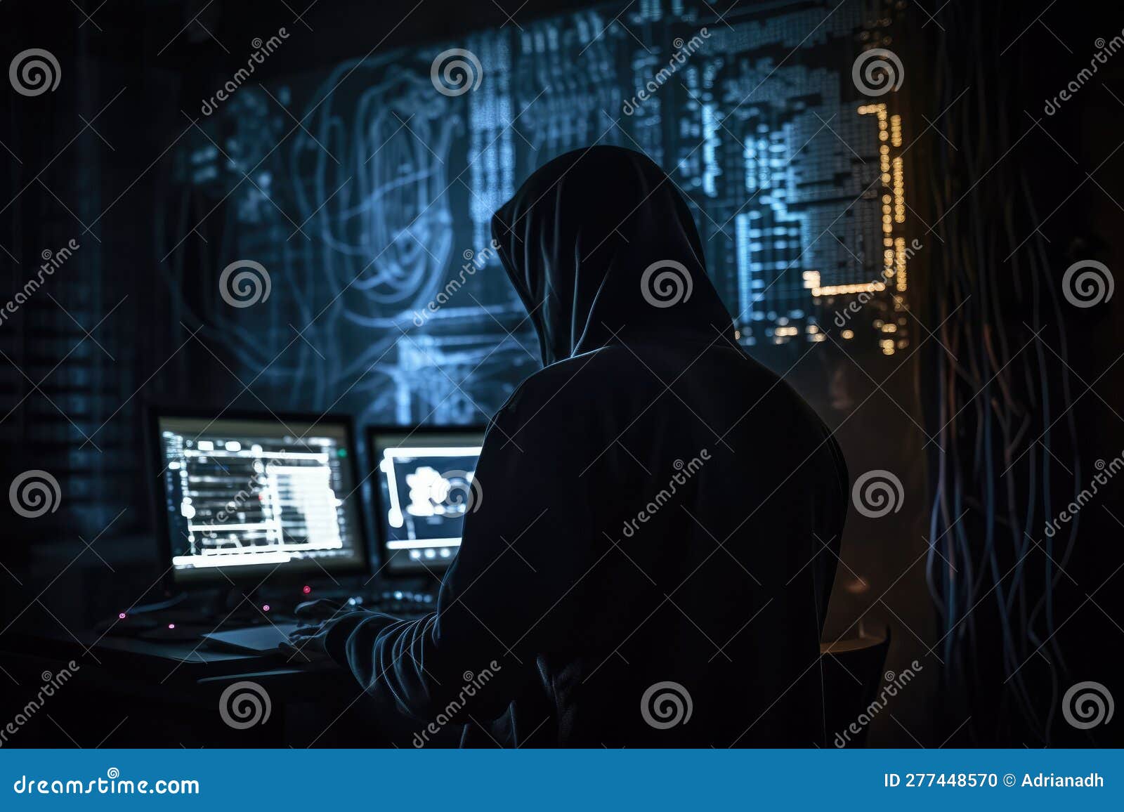 Hacker in Front of Sophisticated Computer Equipment Stock Illustration ...