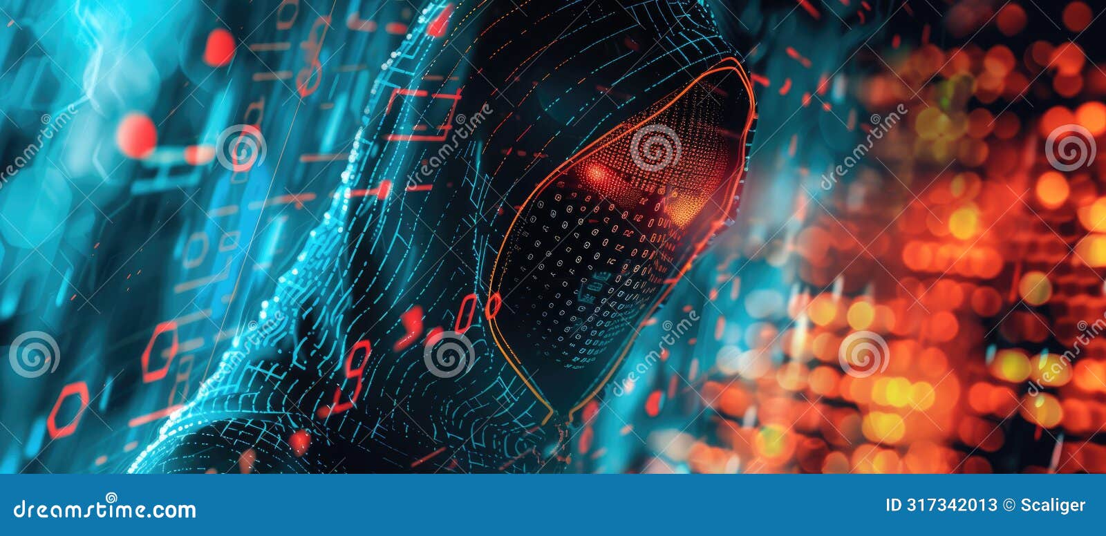 Hacker in Futuristic Suit on Abstract Digital Background, Pattern of ...