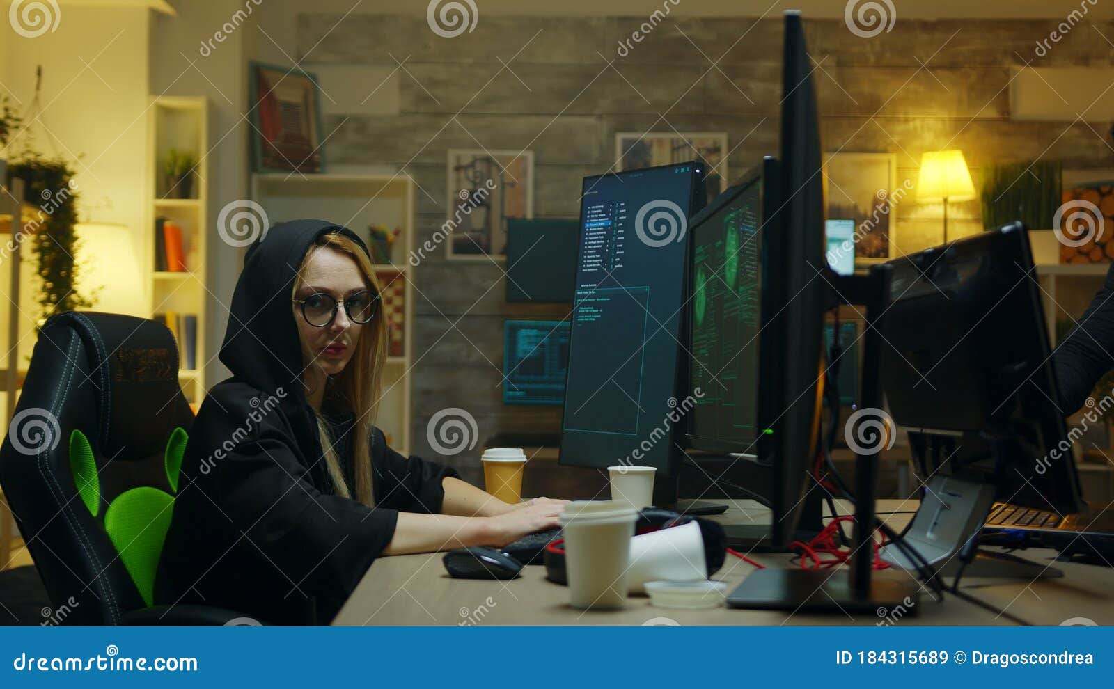 Hacker Girl Looking into the Camera while Stealing People Identity ...