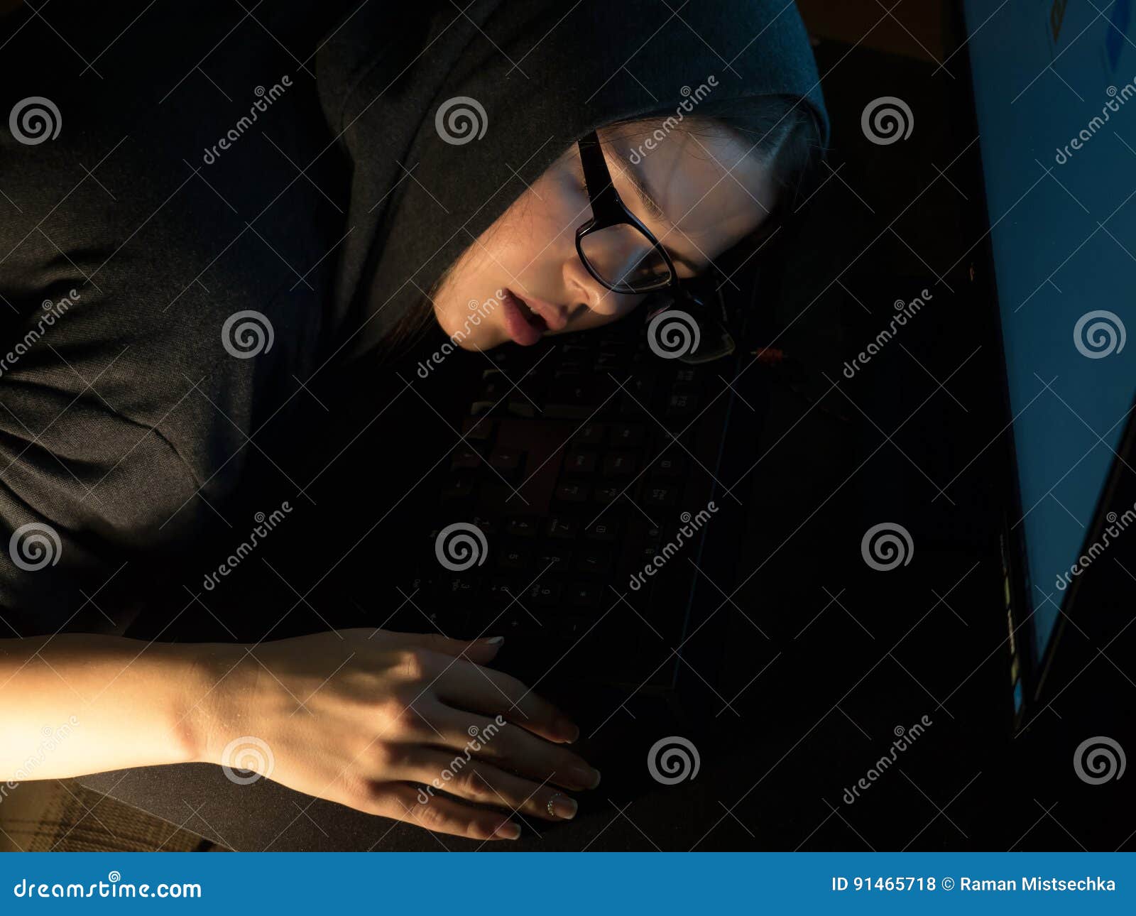 Hacker Girl Sleeping beside Laptop Stock Photo - Image of cracker ...
