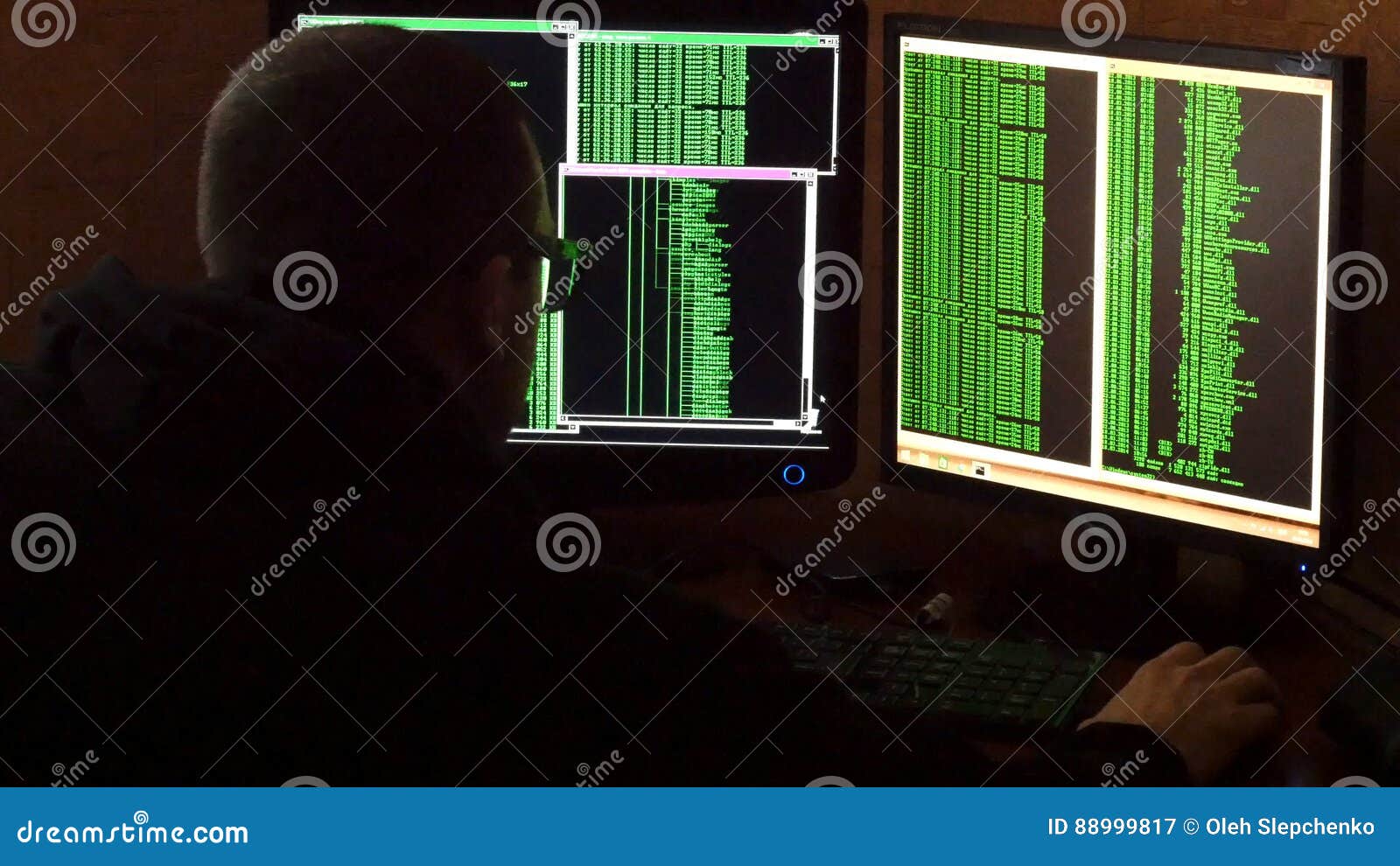 Hacker in Glasses Breaking Code. Criminal Hacker Penetrating Network ...
