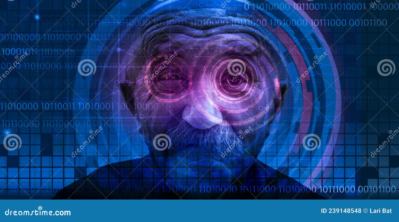 Hacker Grandfather with Artificial Eye, Binary Code, Gloomy Cyberspace ...