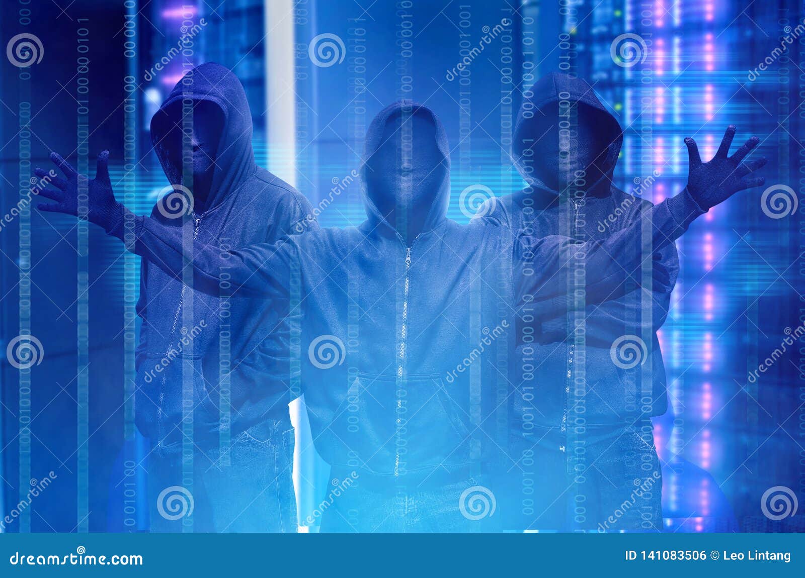Hacker Groups in Black Hoodie Standing with Binary Code on Virtual ...