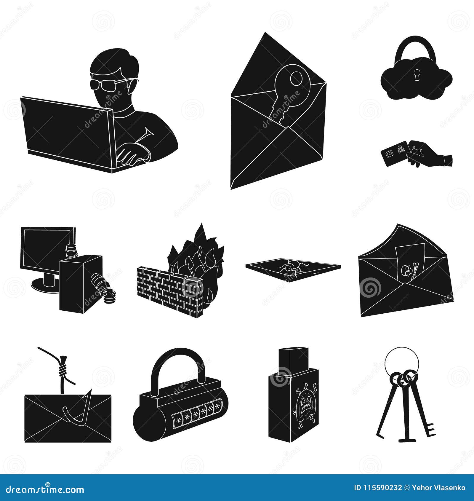 Hacker And Hacking Black Icons In Set Collection For Design Hacker And