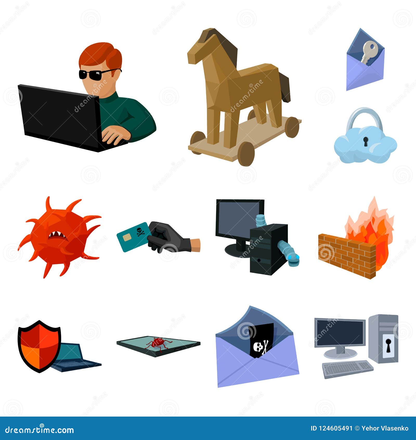 Hacker and Hacking Cartoon Icons in Set Collection for Design. Hacker ...