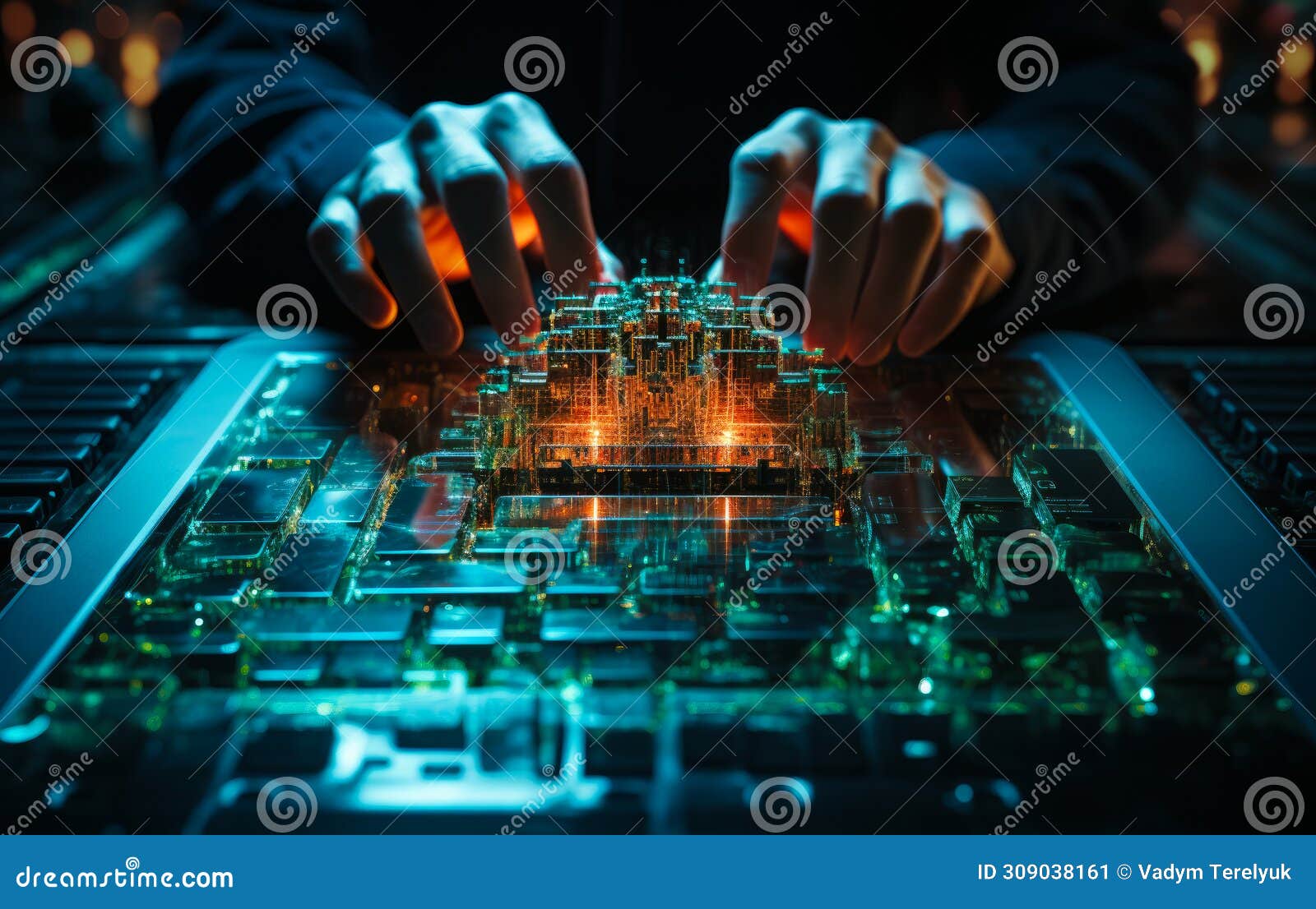 Hacker is Hacking Computer with Circuit Board and Keyboard. Stock Image ...