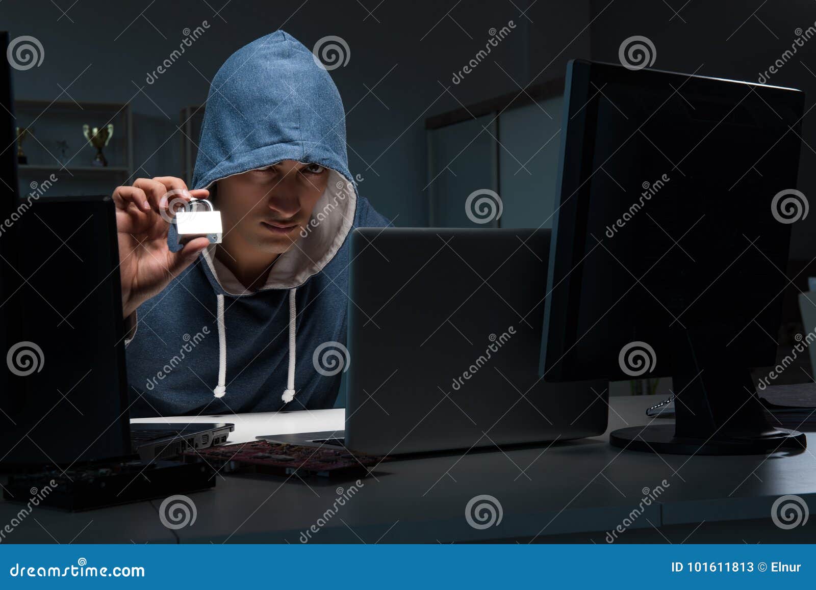 The Hacker Hacking Computer at Night Stock Image - Image of password ...