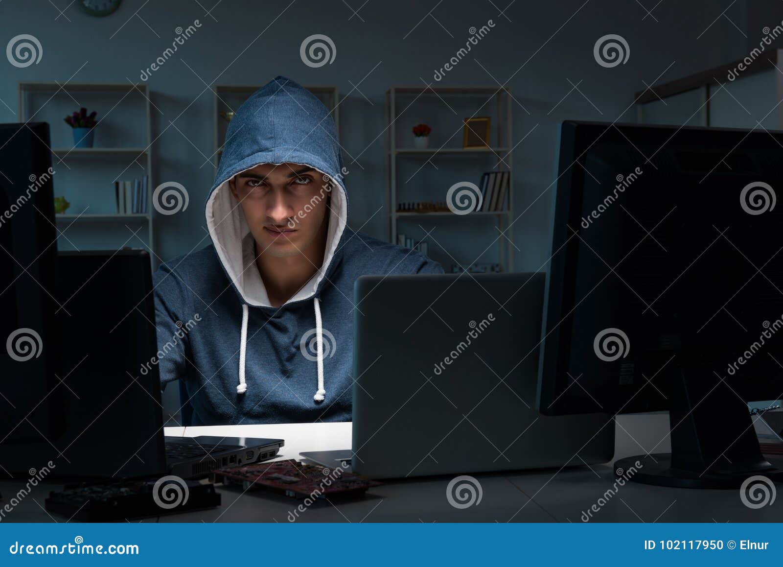 The Hacker Hacking Computer at Night Stock Photo - Image of hood ...