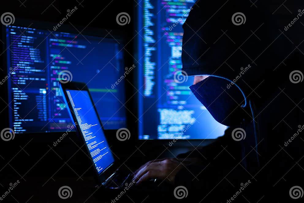 Hacker Hacking Computer Password at Night Stock Photo - Image of laptop ...