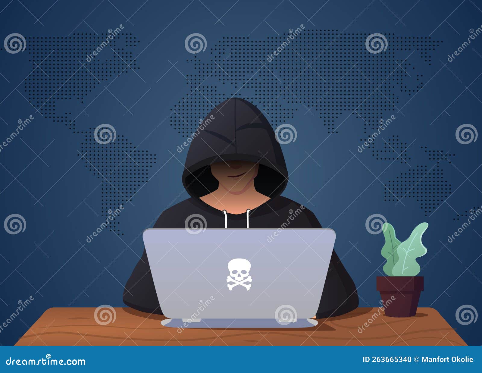 Hacker In Disguise Sitting At Desktop And Working On Laptop, Internet ...