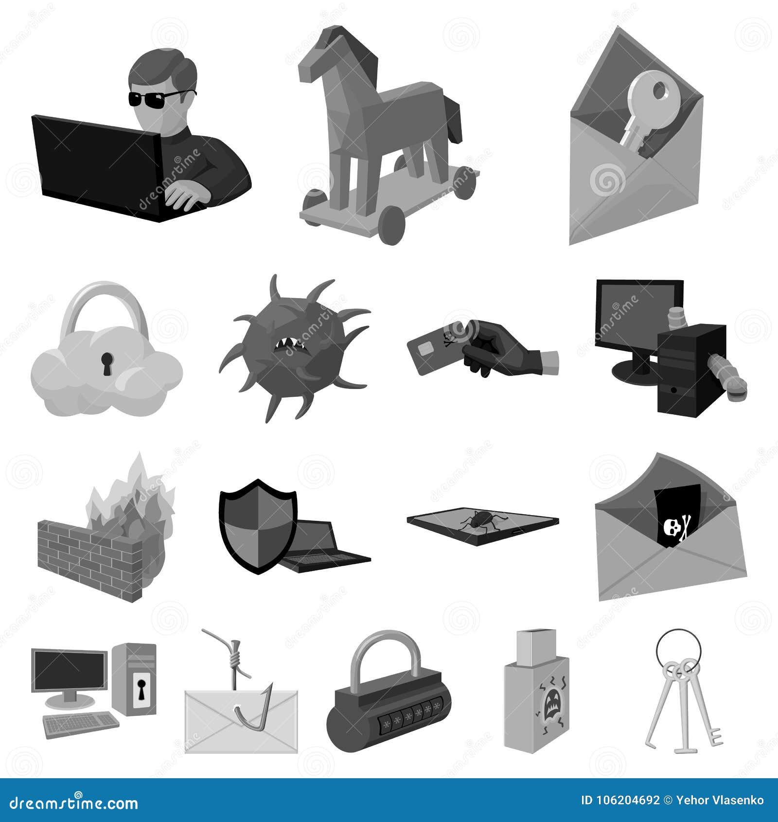 Hacker and Hacking Monochrome Icons in Set Collection for Design. Hacker and Equipment Vector ...