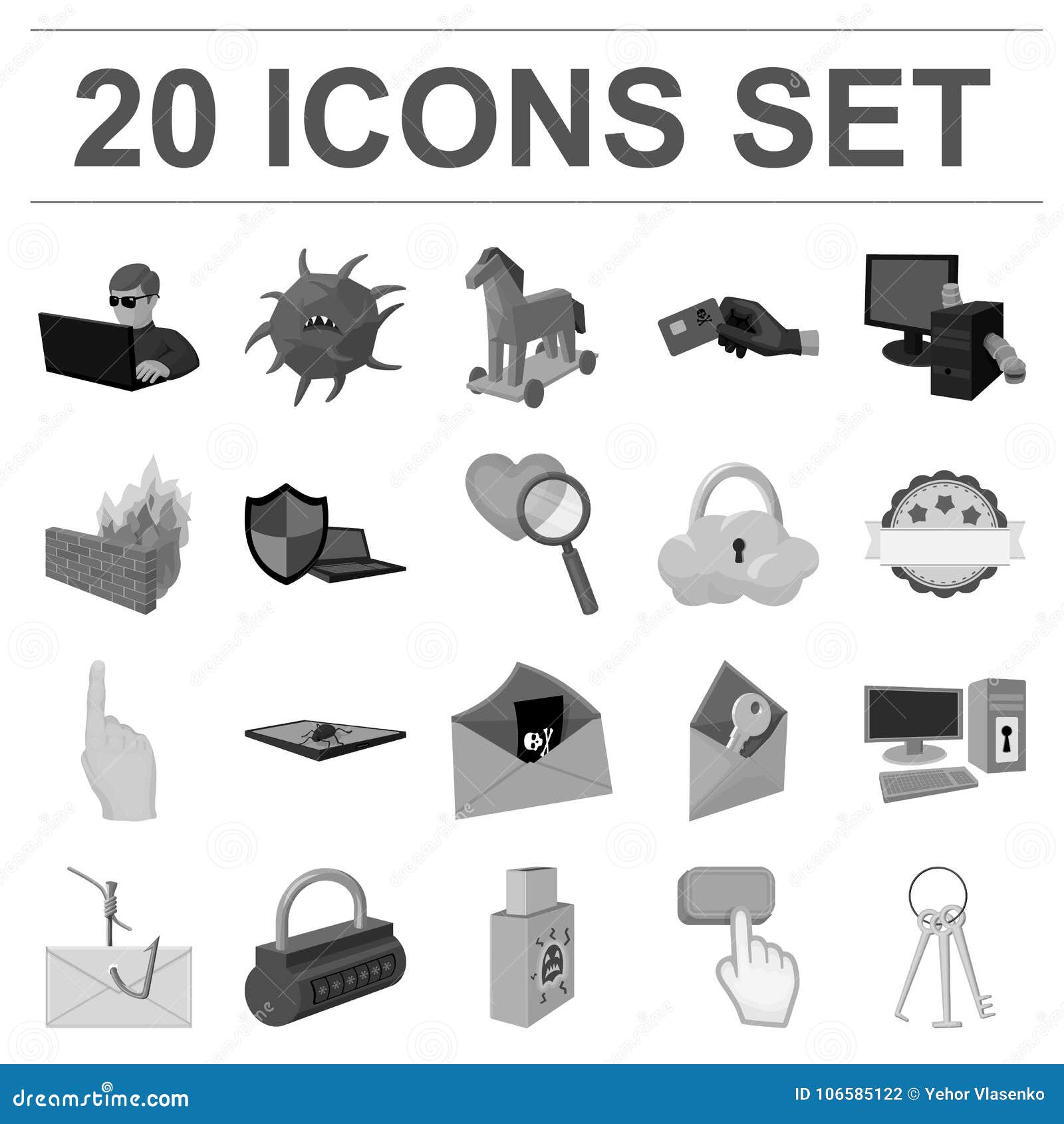Hacker And Hacking Monochrome Icons In Set Collection For Design Hacker And Equipment Vector