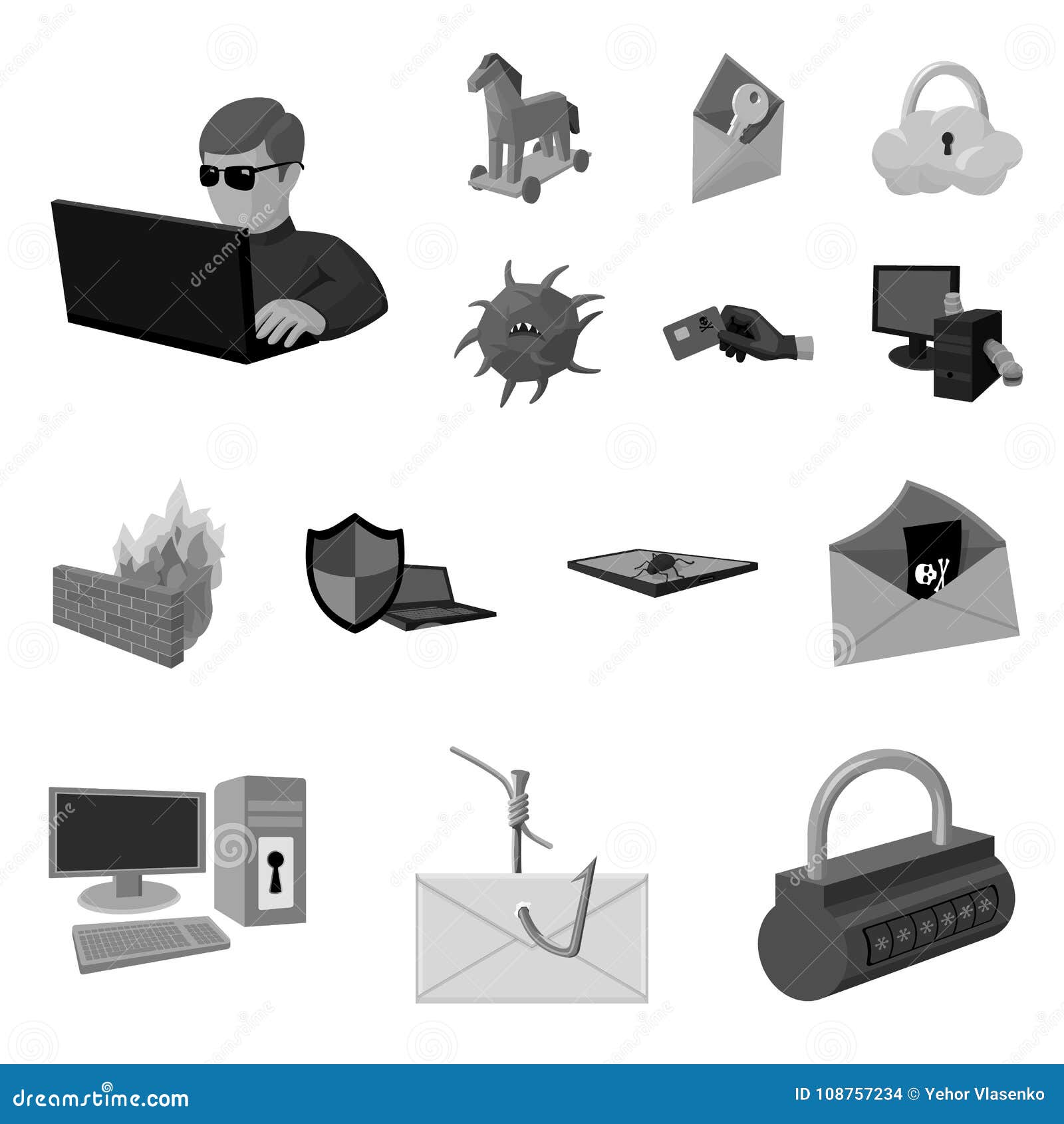Hacker And Hacking Monochrome Icons In Set Collection For Design Hacker And Equipment Vector
