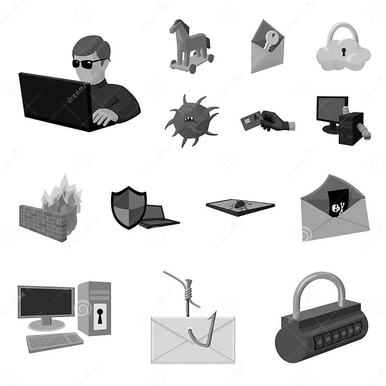 Hacker and Hacking Monochrome Icons in Set Collection for Design. Hacker and Equipment Vector ...