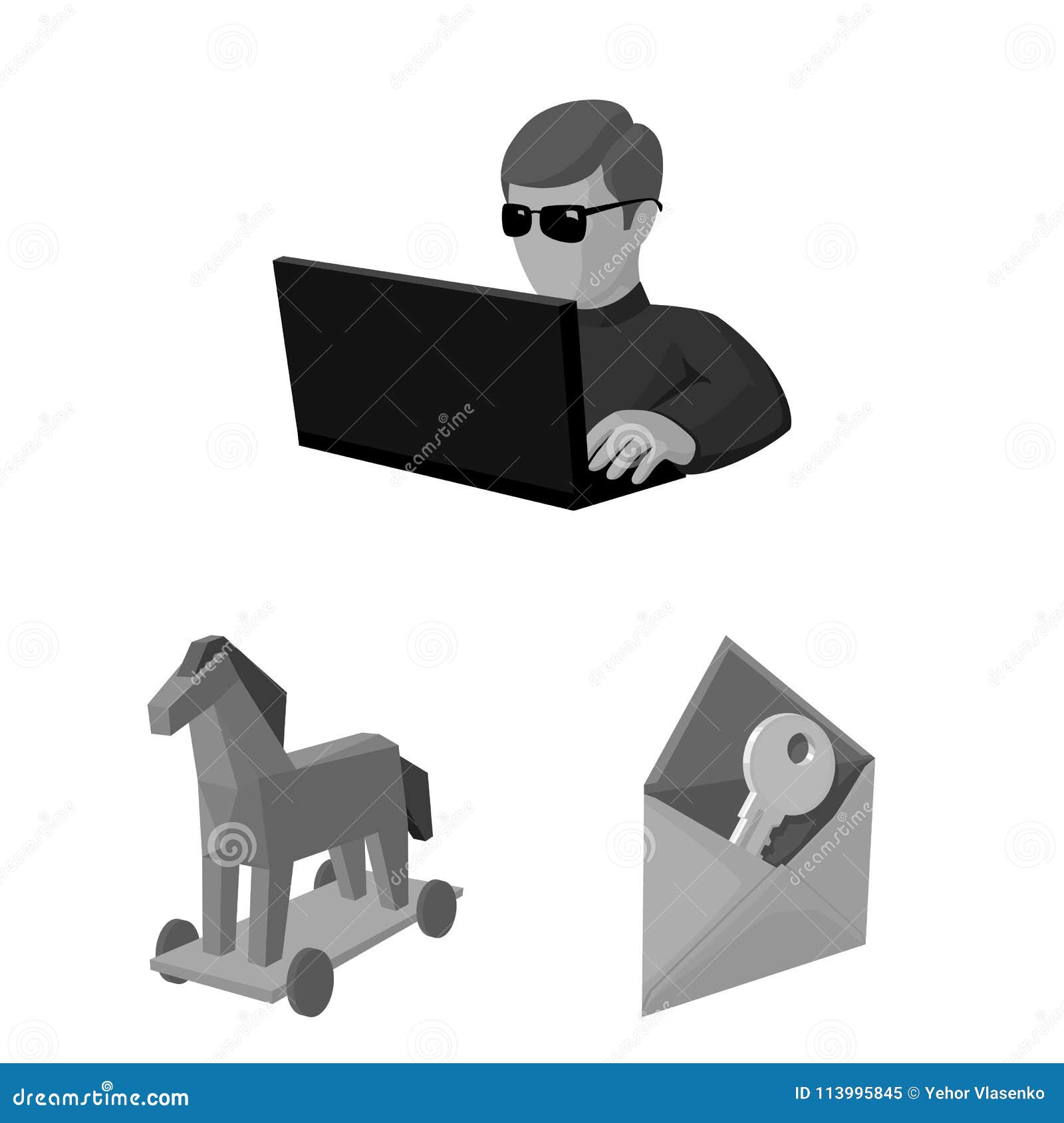 Hacker And Hacking Monochrome Icons In Set Collection For Design Hacker And Equipment Vector