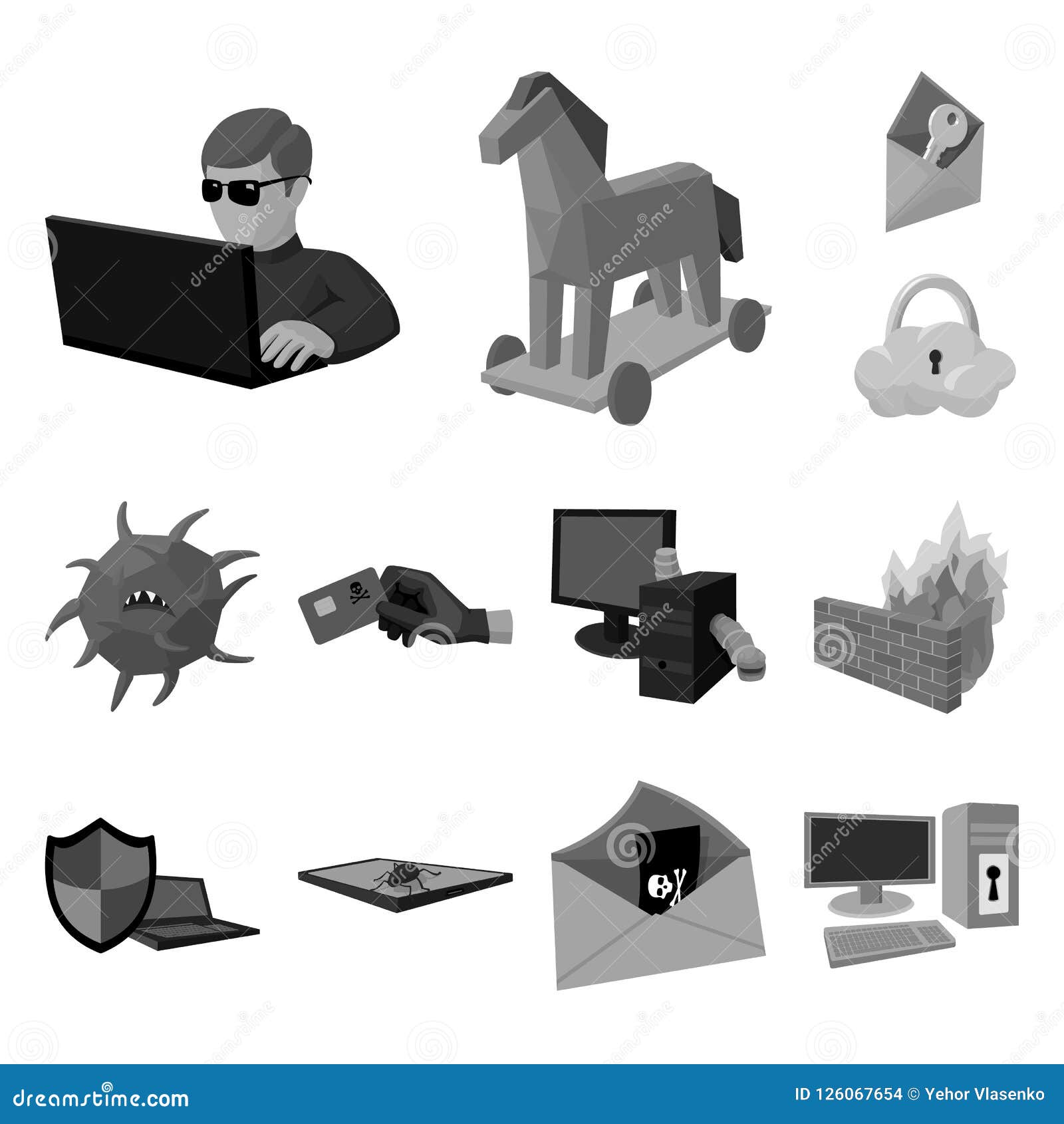 Hacker And Hacking Monochrome Icons In Set Collection For Design Hacker And Equipment Vector