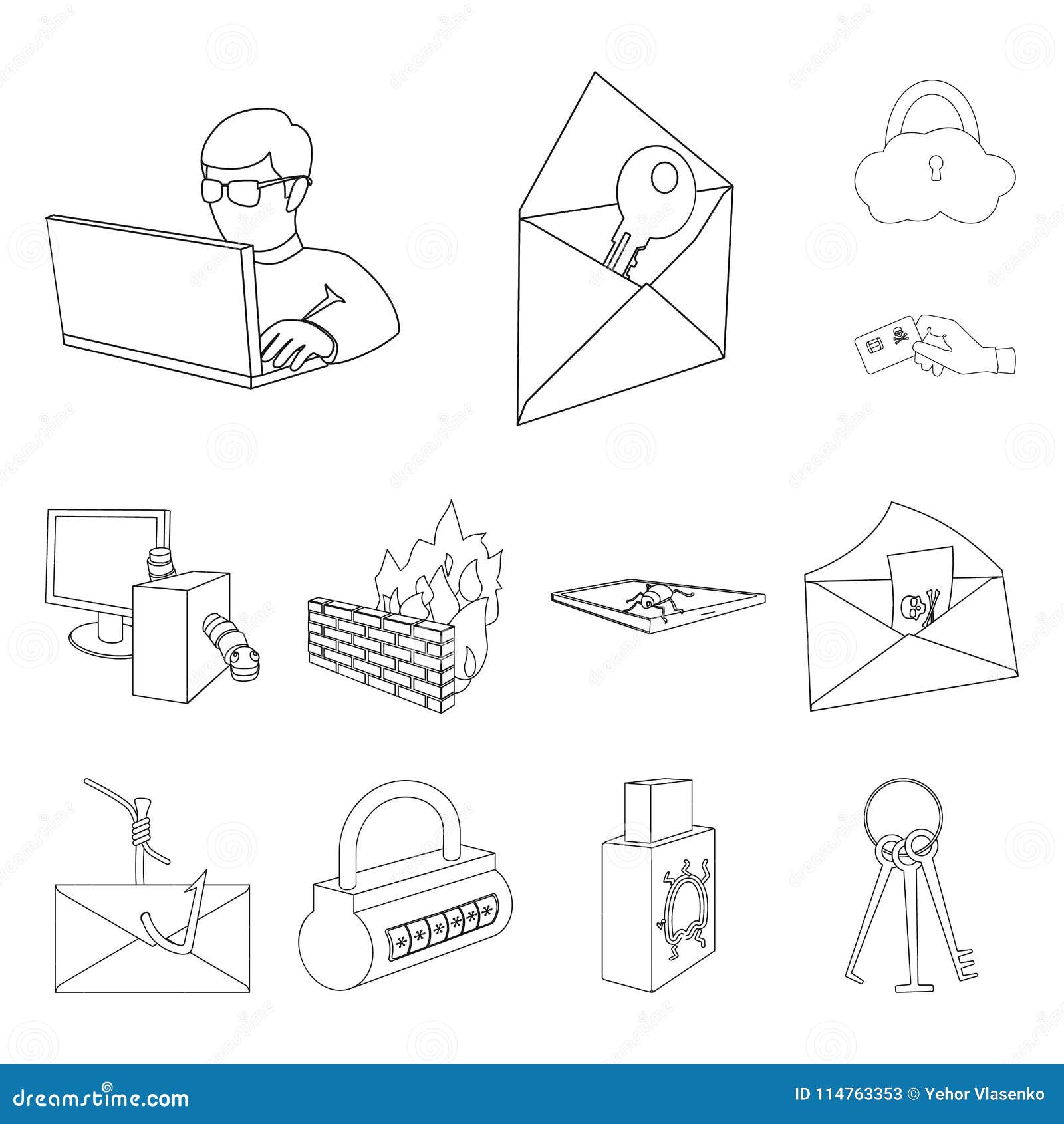 Hacker And Hacking Outline Icons In Set Collection For Design Hacker And Equipment Vector 1156