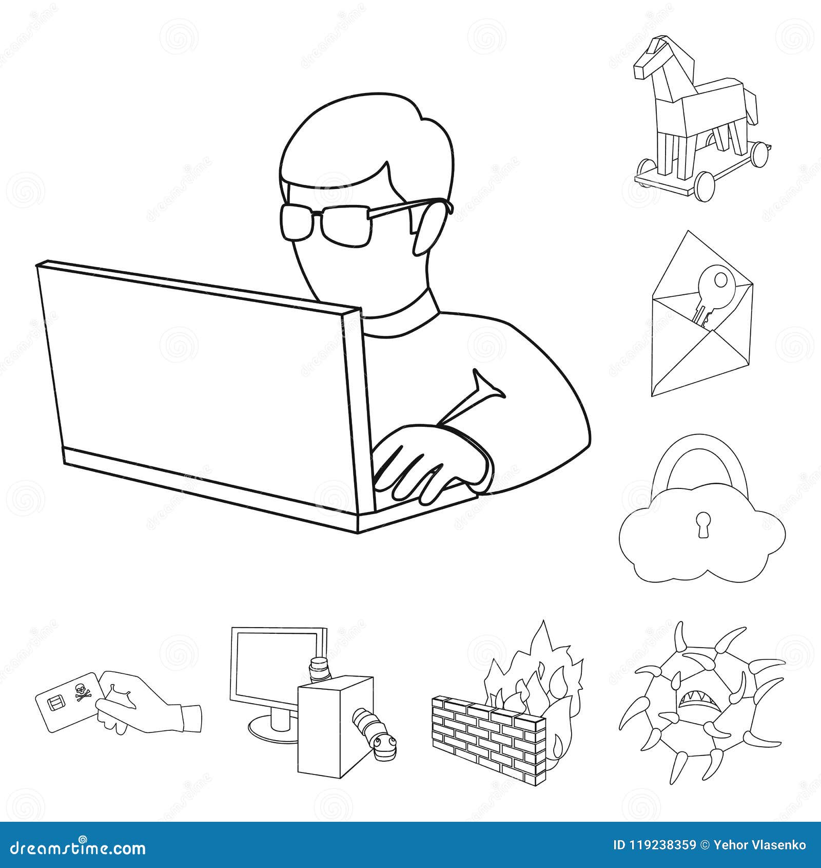 Hacker and Hacking Outline Icons in Set Collection for Design. Hacker ...