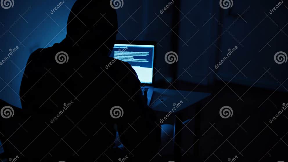 Hacker Hacks Programs. Computer Scammer. Programmers Working Intently on Laptop, Typing in Dark ...