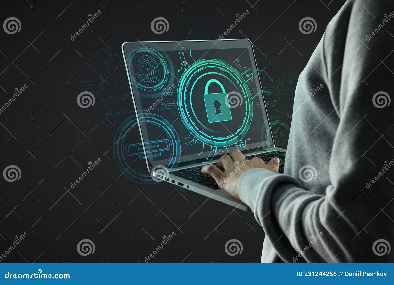 Hacker Hand Using Laptop with Creative Glowing Blue Digital Padlock ...