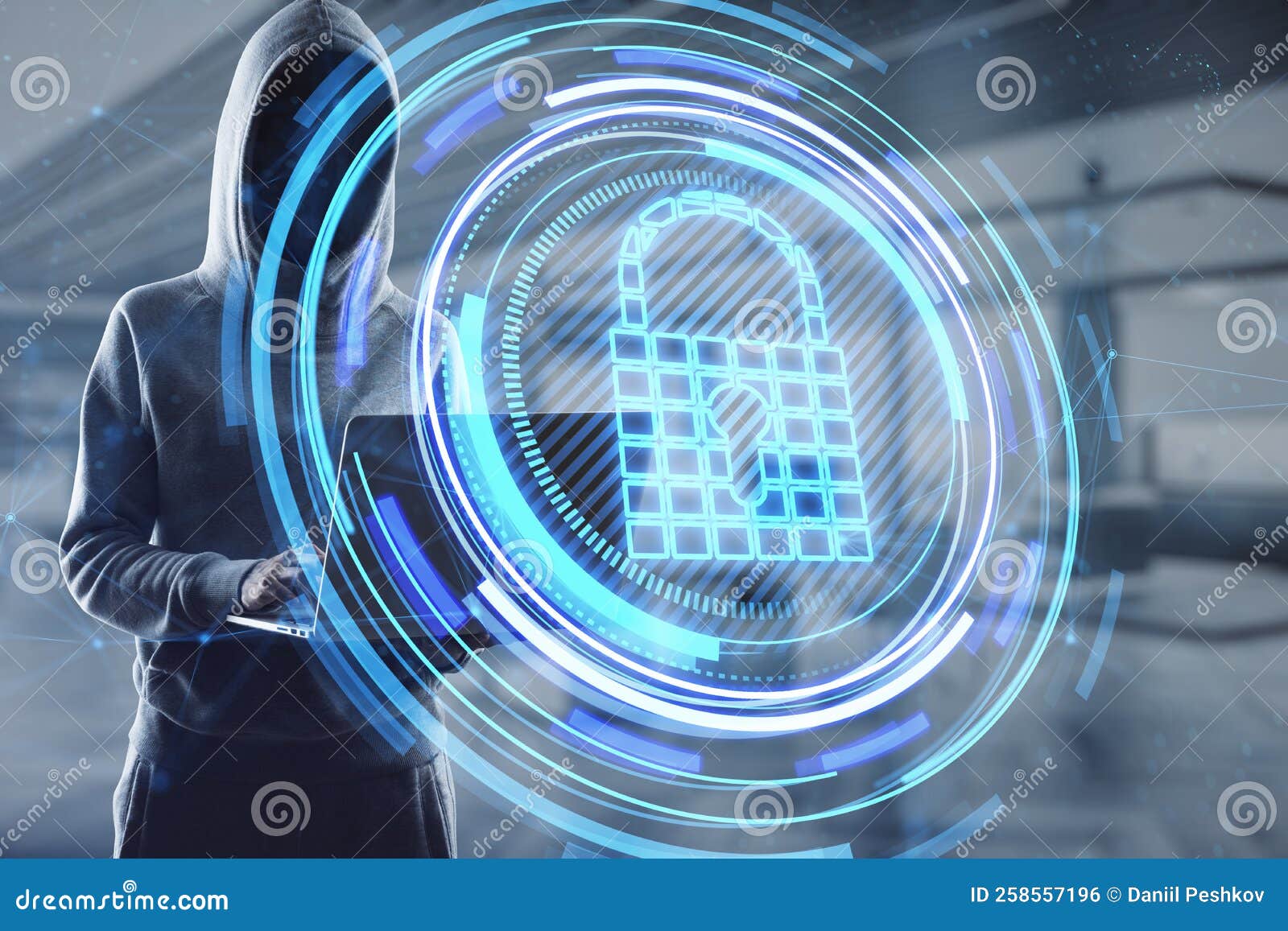 Hacker Hand Using Notebook with Glowing Padlock Hologram on Blurry ...