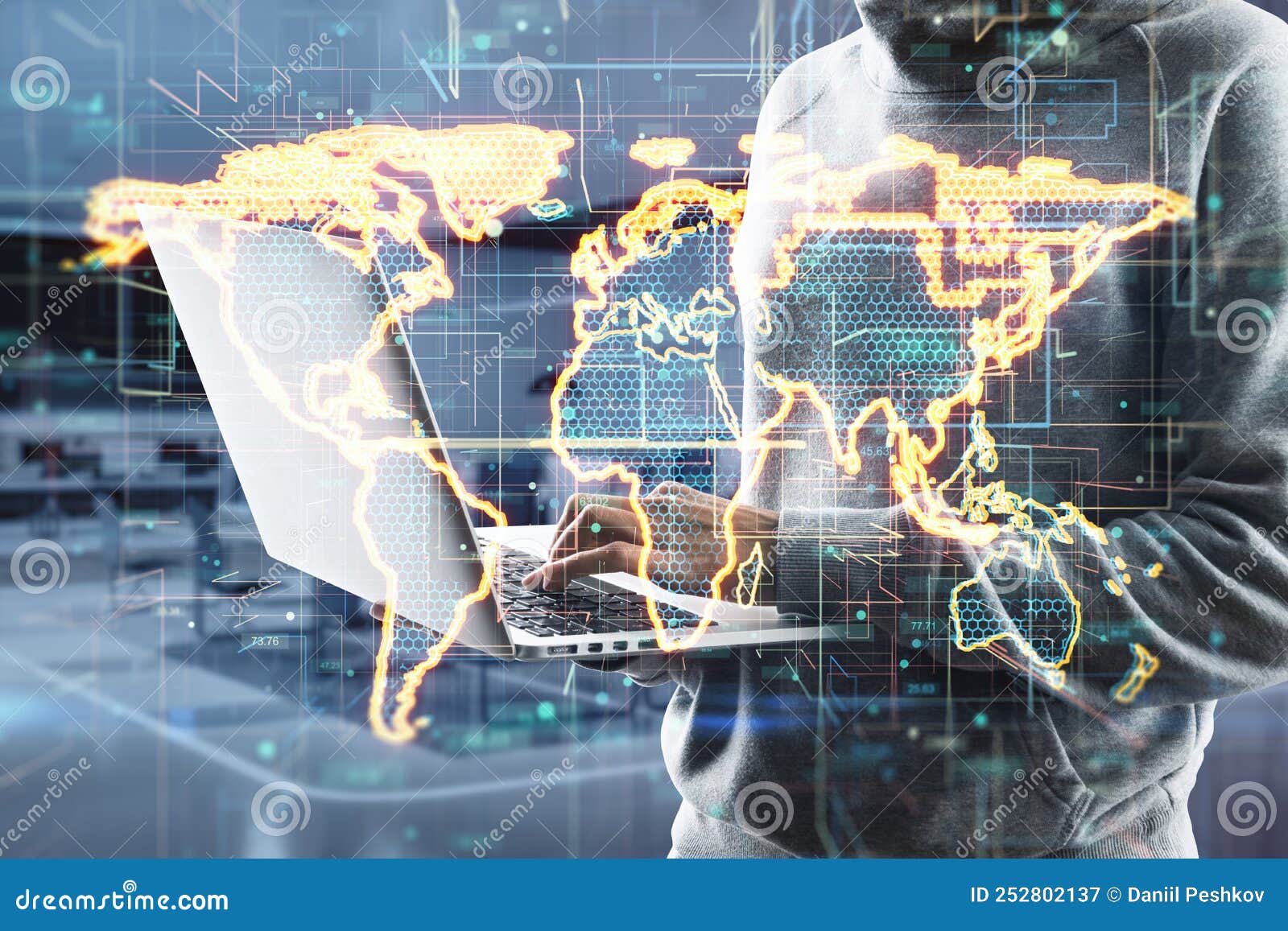 Hacker Hands Using Laptop with Abstract Glowing Golden Map Hologram on ...