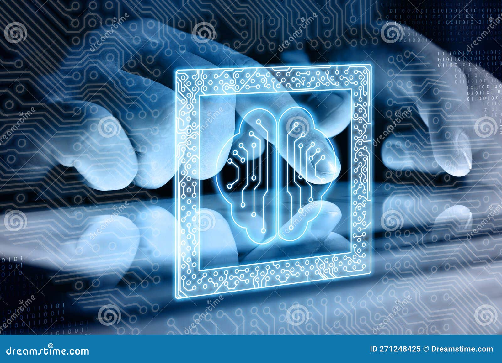 Hacker Hands Using Laptop with Circuit Board and Human Brain Stock ...