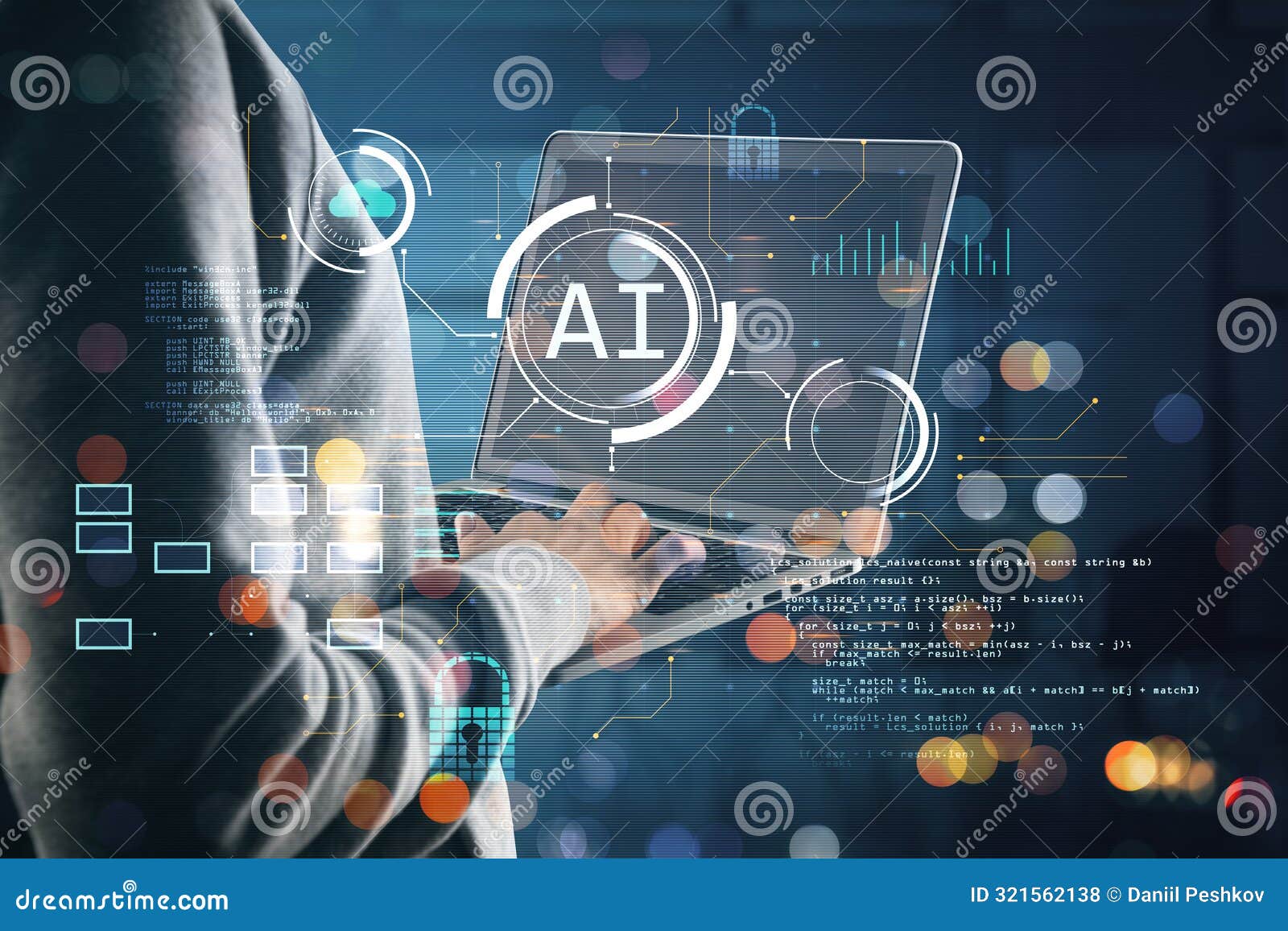 Hacker Hands Using Laptop with Glowing Blurry Ai Hologram with Binary Coding on Blurry ...