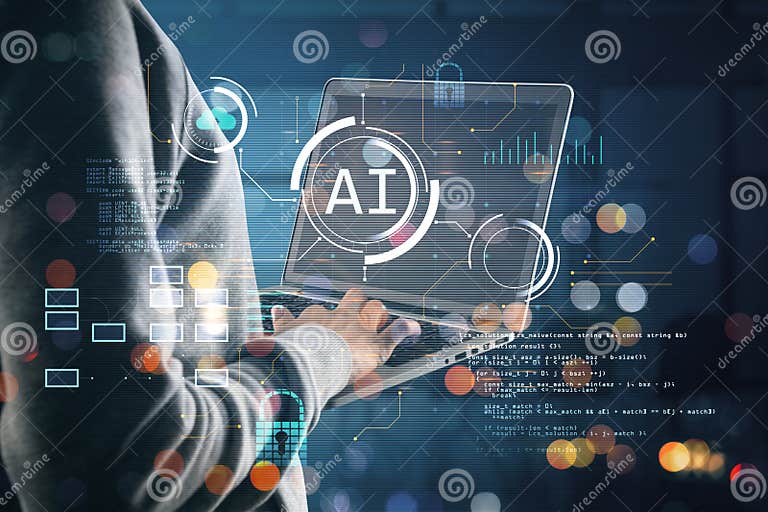 Hacker Hands Using Laptop with Glowing Blurry Ai Hologram with Binary Coding on Blurry ...