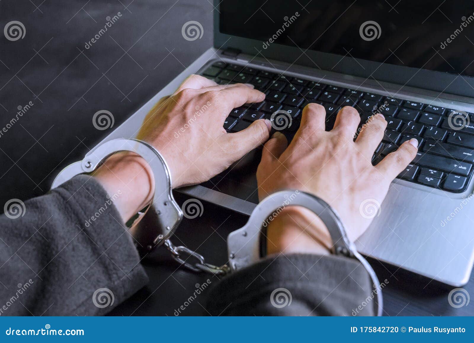 Hacker Hands Using Laptop with Tied by Handcuffs Stock Photo - Image of ...