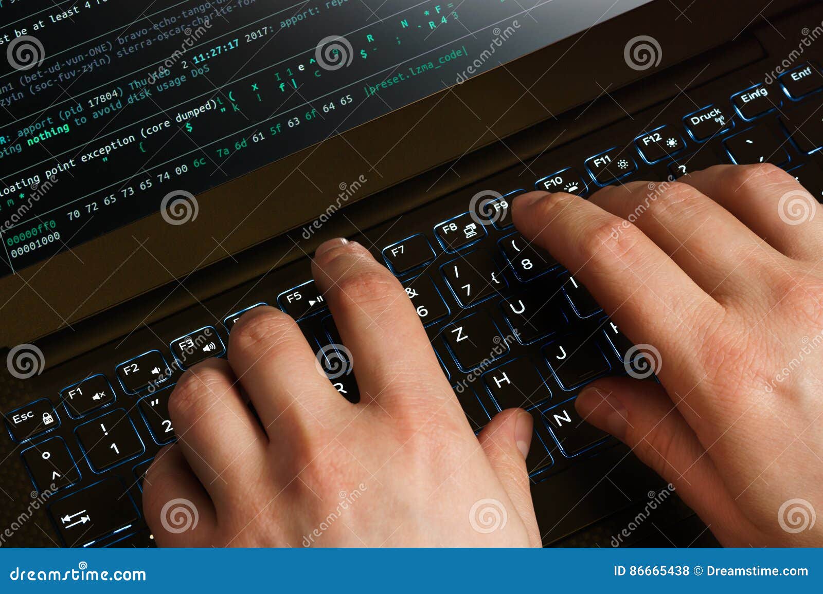 Hacker Hands at Work on a Laptop. First Person View. Stock Photo ...