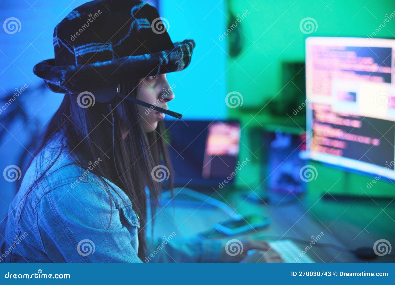 Hacker Headset, Computer or Neon Coding on Cybersecurity Ransomware ...