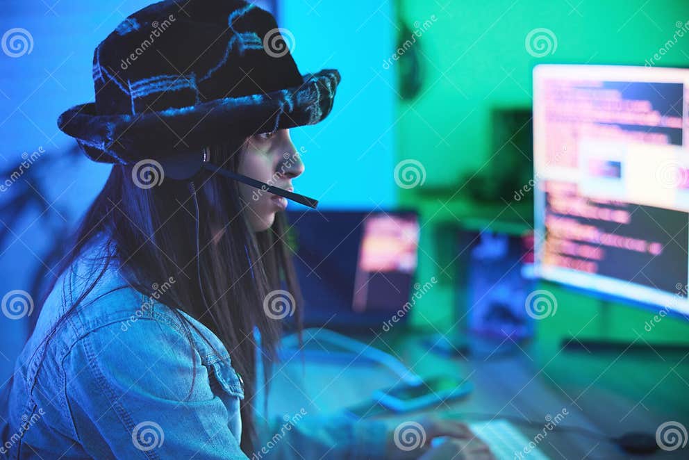 Hacker Headset, Computer or Neon Coding on Cybersecurity Ransomware, SEO Night Phishing or Code ...