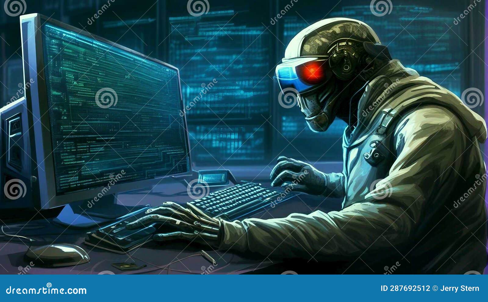 Hacker with Helmet at Big Computer Stock Photo - Image of large, gadget ...