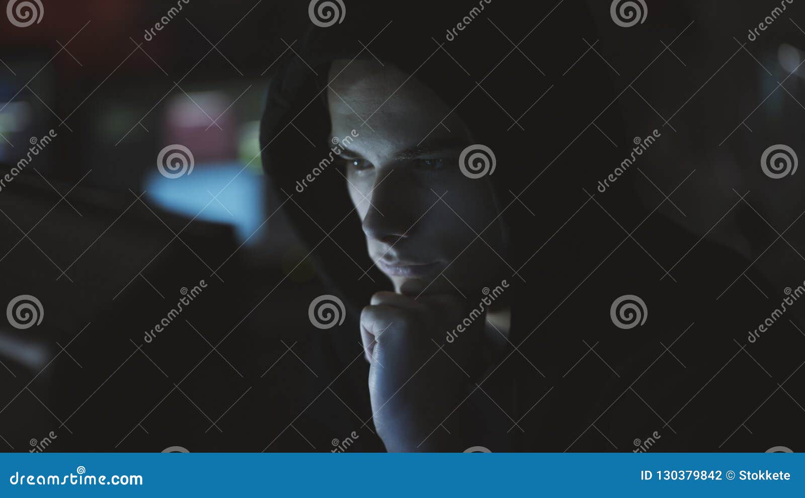 Hacker Hiding in the Dark and Working with Computers Stock Photo ...