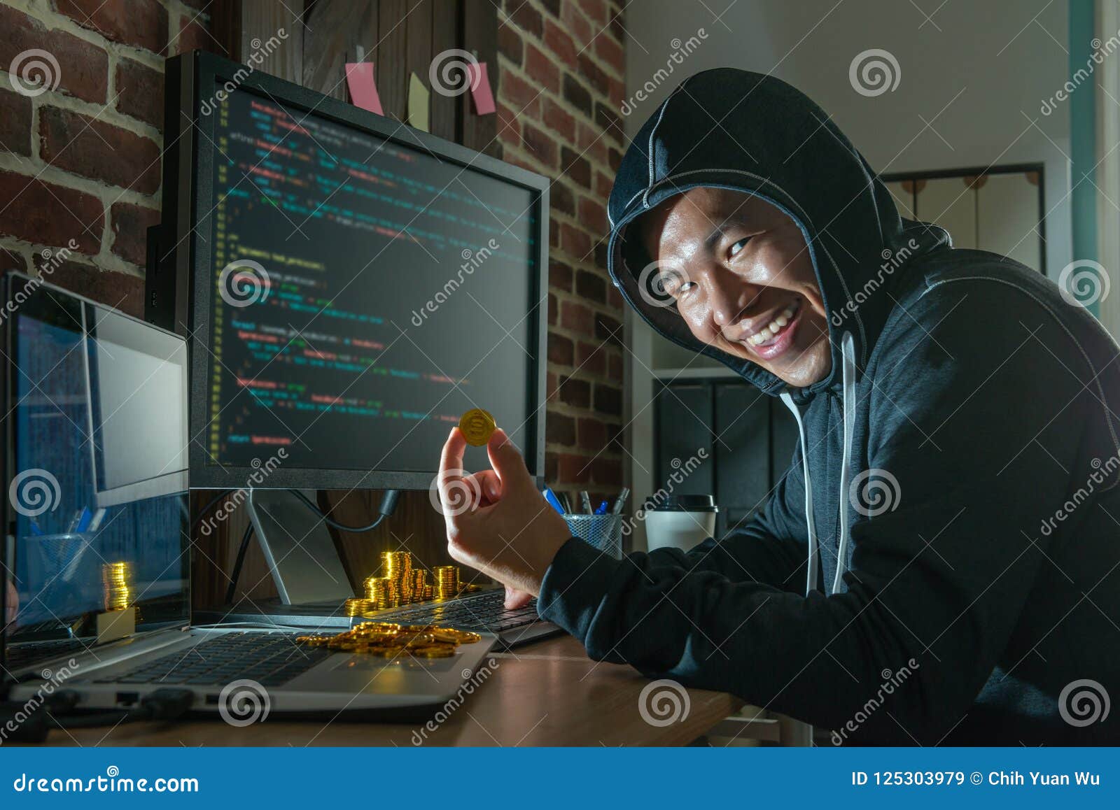 Hacker Holding Bitcoin and Looking Viciously. Stock Image - Image of ...