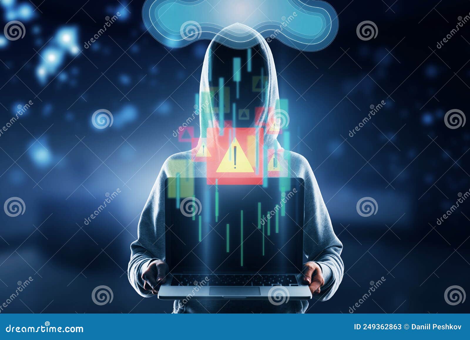 Hacker Holding Laptop with Abstract Cloud Computing Error Hologram on ...