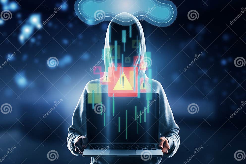 Hacker Holding Laptop with Abstract Cloud Computing Error Hologram on ...