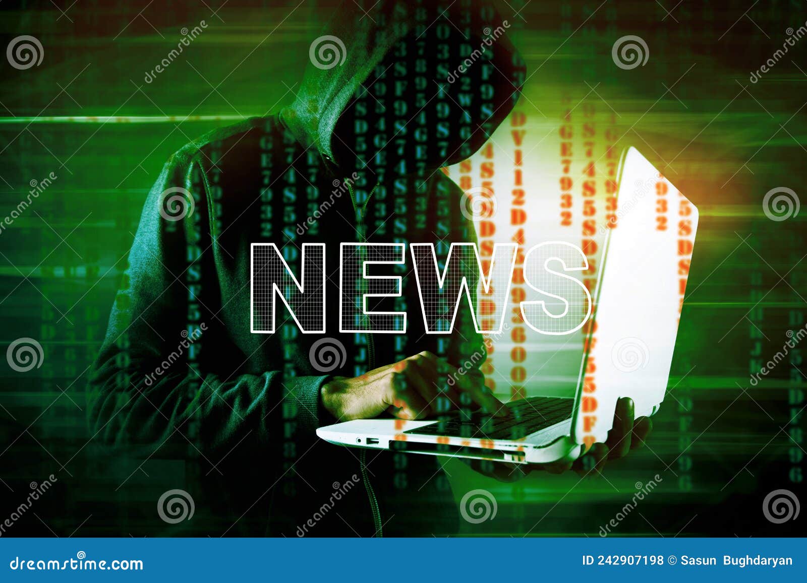 Hacker Holding Laptop and Breaking News Stock Photo - Image of access ...