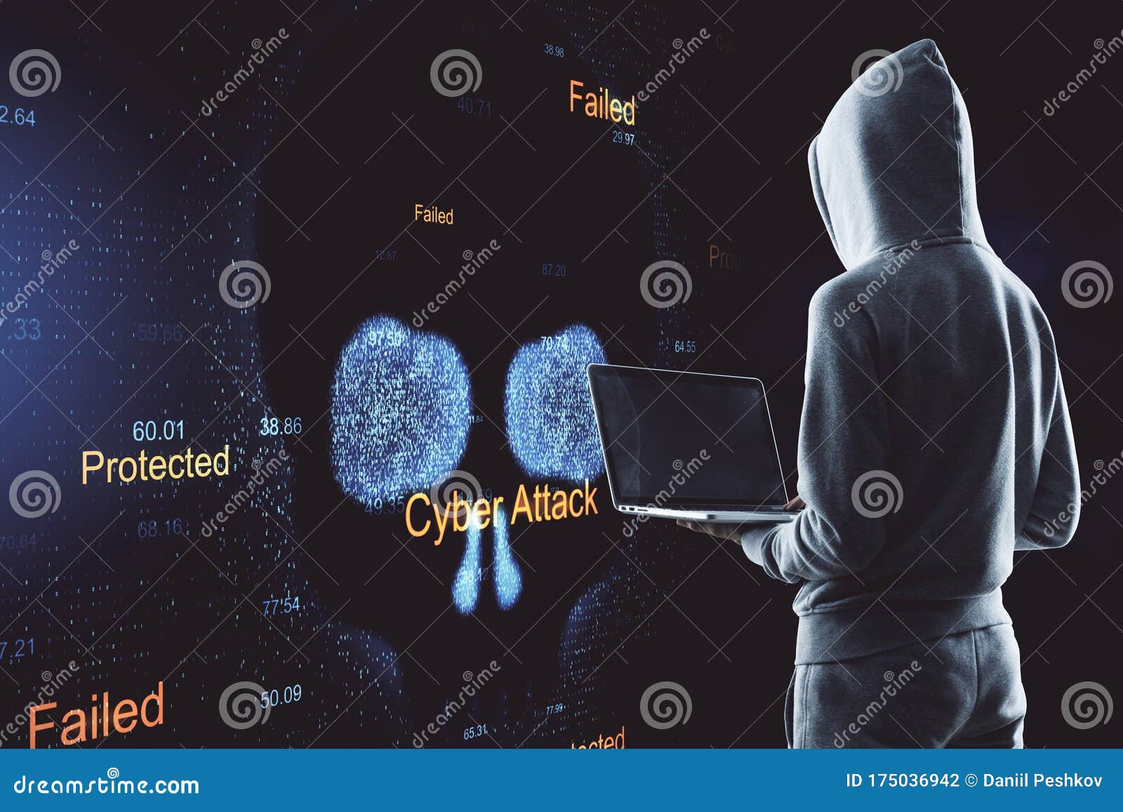Hacker Holding Laptop with Cyber Skull Stock Photo - Image of concept ...