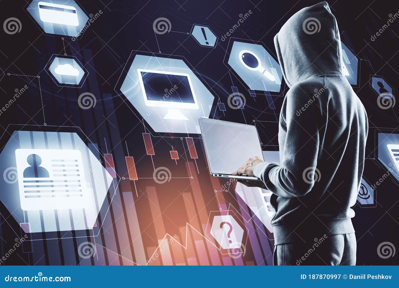 Hacker Holding Laptop with Digital Business Interface Stock Image ...